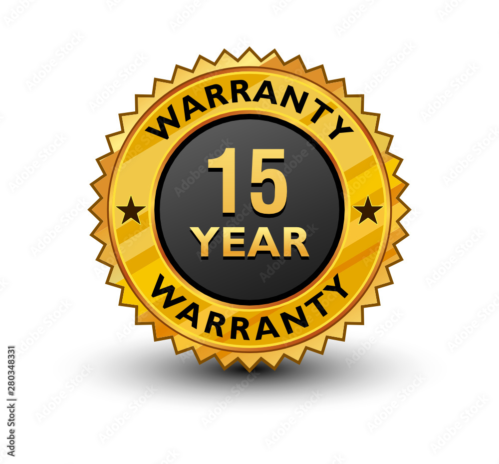 Strong and powerful golden 15 year warranty badge, sign, seal, stamp ...