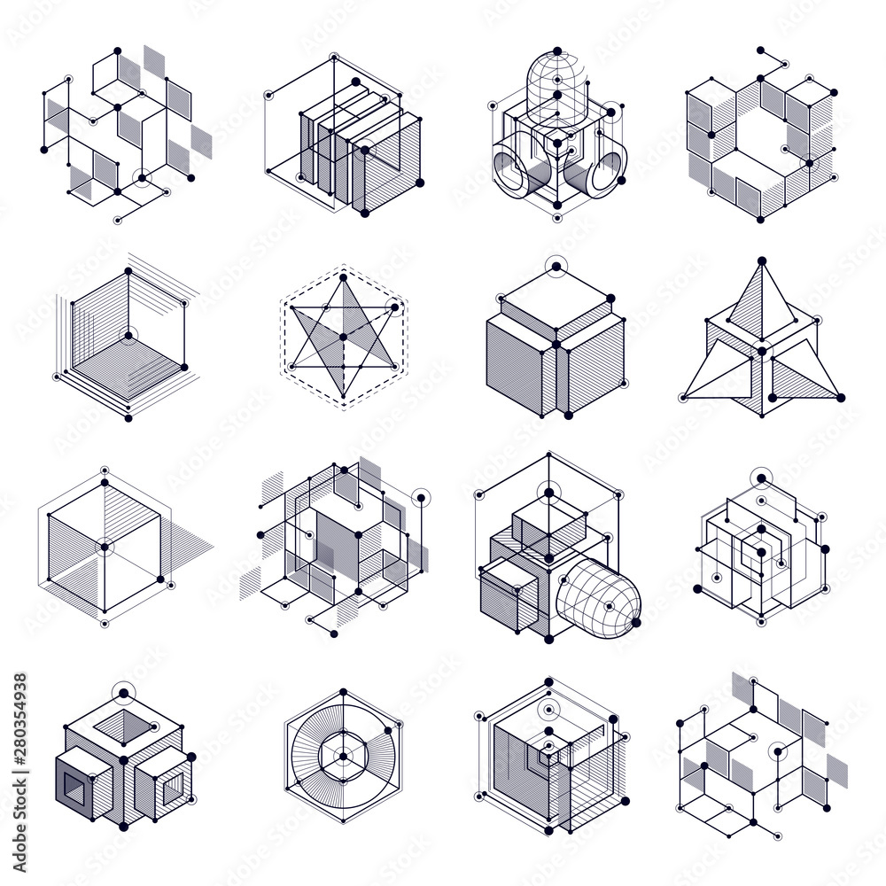 Geometric technology vector black and white drawings set, 3D technical ...