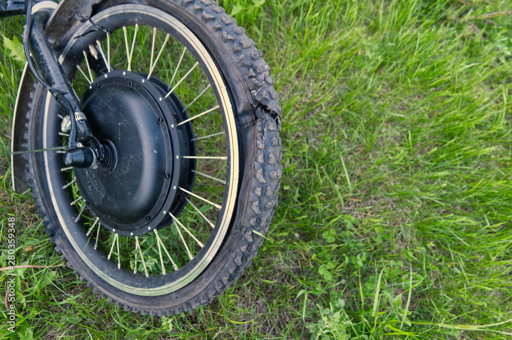 Traffic accident. Blown-up tire chamber while riding a bicycle.Road ...