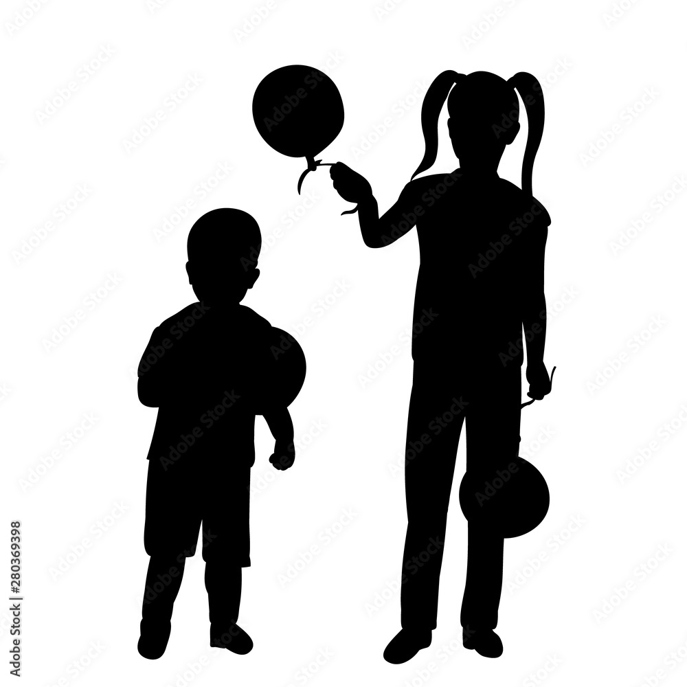 vector, in isolation, black silhouette child boy and girl childhood ...