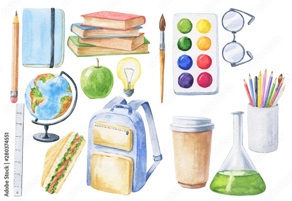 Watercolor school set illustration isolated on white background. Kids ...