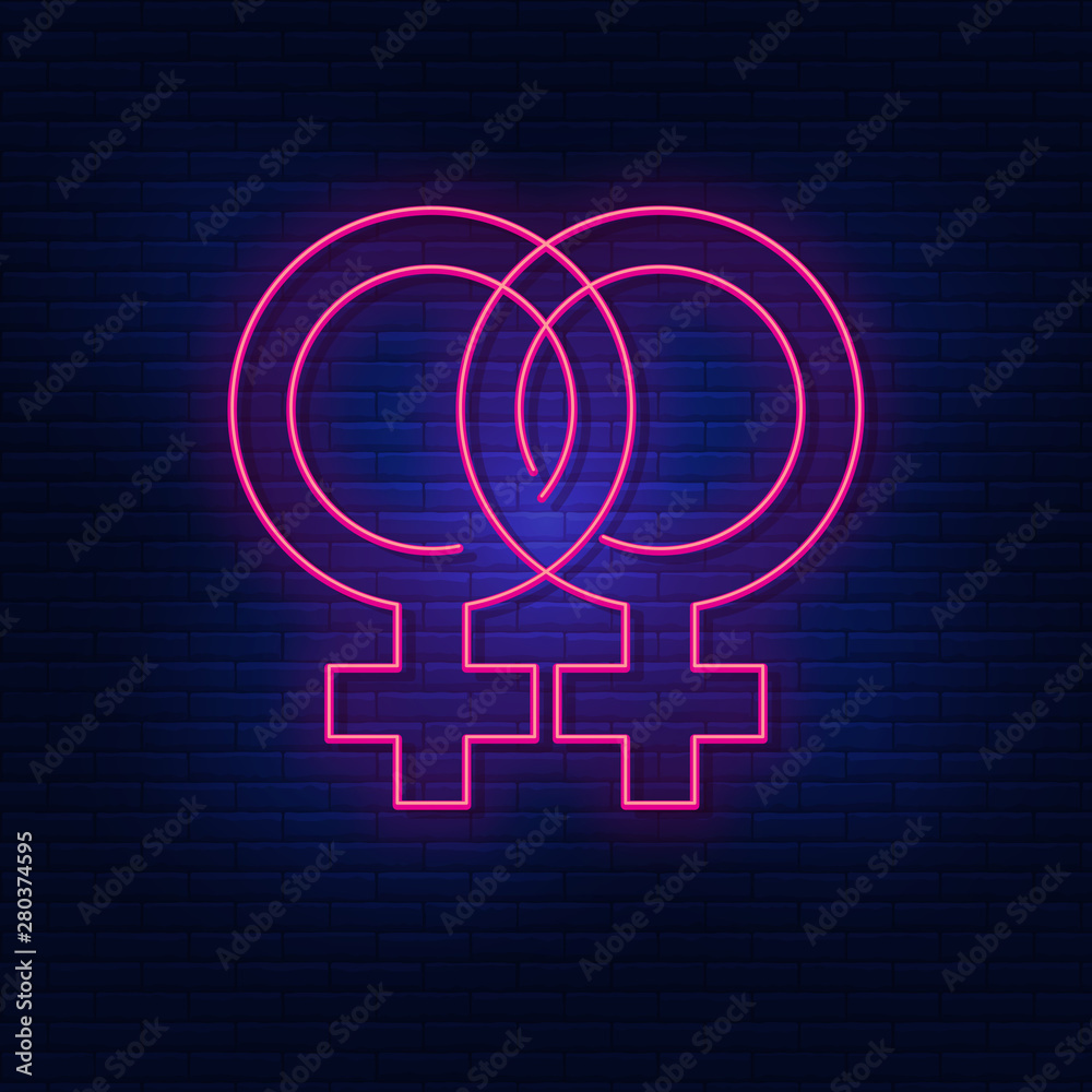Neon lighting gender symbols (U+26 A2), two linked "female" signs as a ...