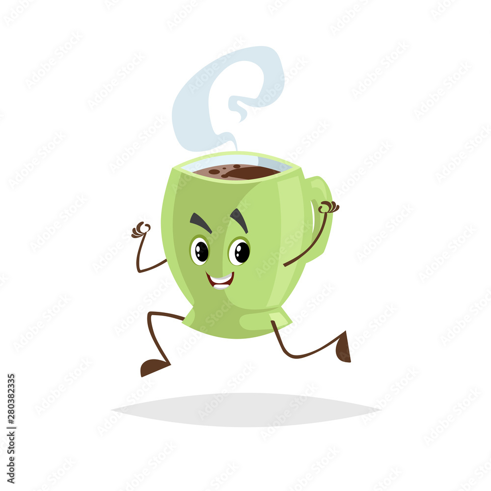 Cute cartoon coffee green cup character running. Humanized mug with hot ...
