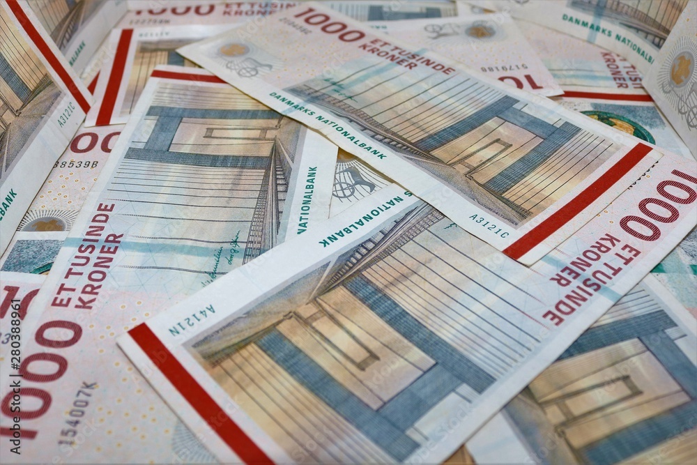 Danish krone as background. 1000 dkk banknotes. Stock Photo | Adobe Stock