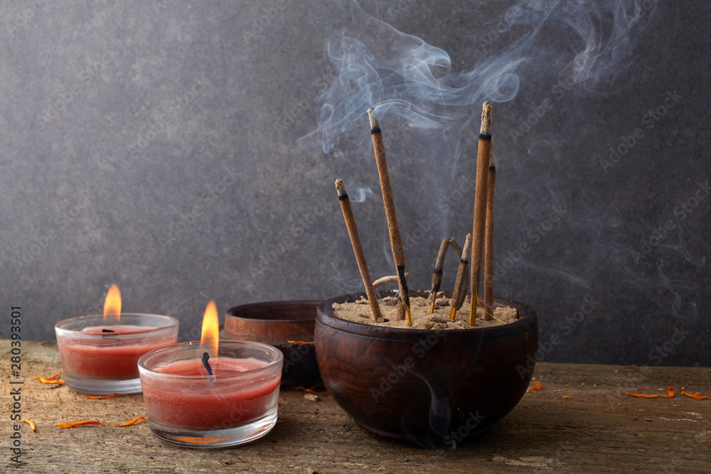 Burning aromatic incense sticks. Incense for praying Buddha or Hindu ...