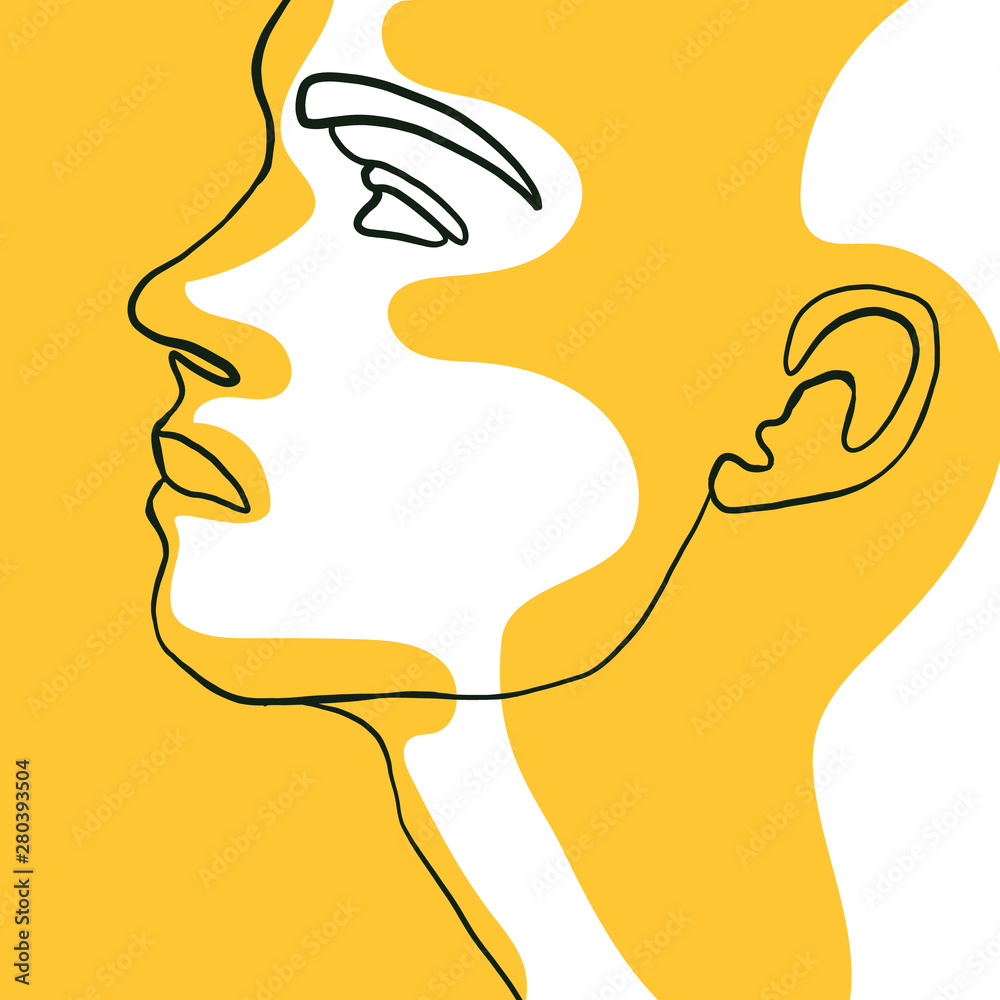 Continuous one line drawing of man face portrait with yellow spot ...