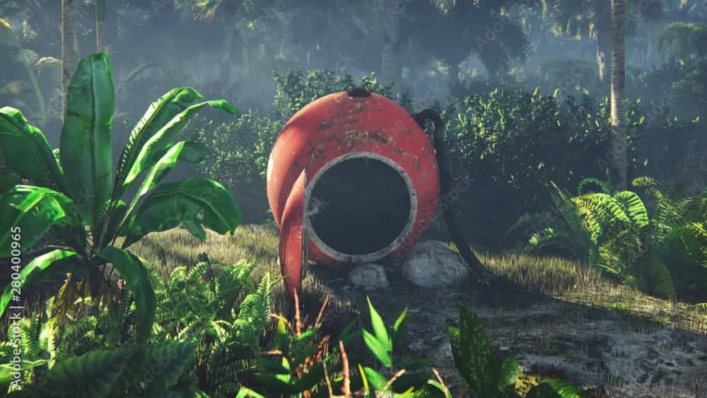 Wrecked space capsule lies in the jungle in the middle of palm trees ...