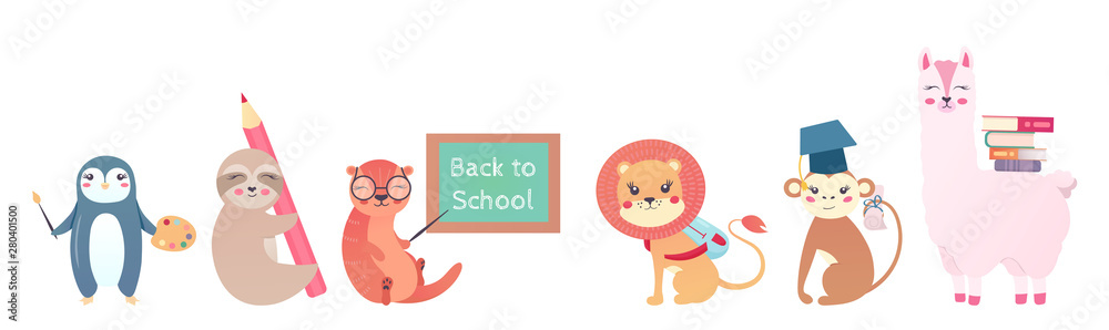Set back to school Animals hand drawn style, education theme. Cute ...