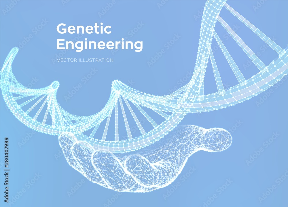 DNA sequence in hand. Wireframe DNA molecules structure mesh. DNA code ...