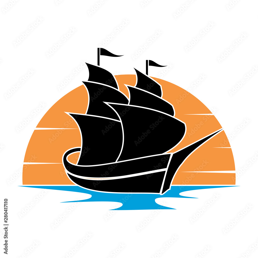 blue tall ships or sailing ships with their full sails set , boat logo ...