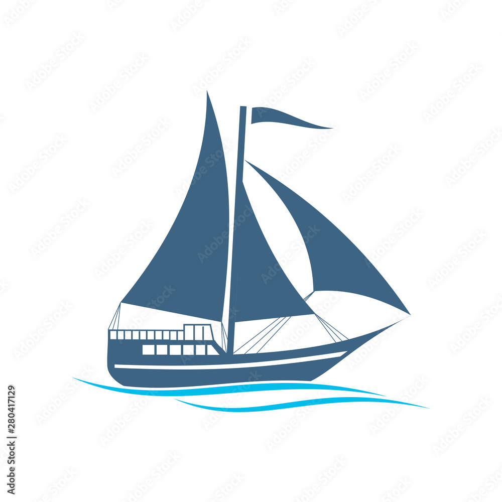 blue tall ships or sailing ships with their full sails set , boat logo ...