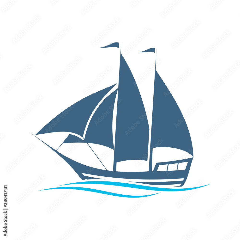blue tall ships or sailing ships with their full sails set , boat logo ...