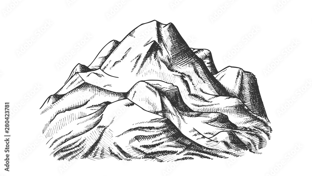 Snow Covering Mountain Landscape Hand Drawn Vector. Hill Crest Mountain ...