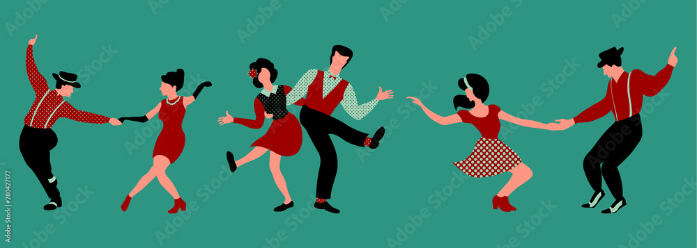Set of three couples dancing swing. People in 1940s or 1950s style ...