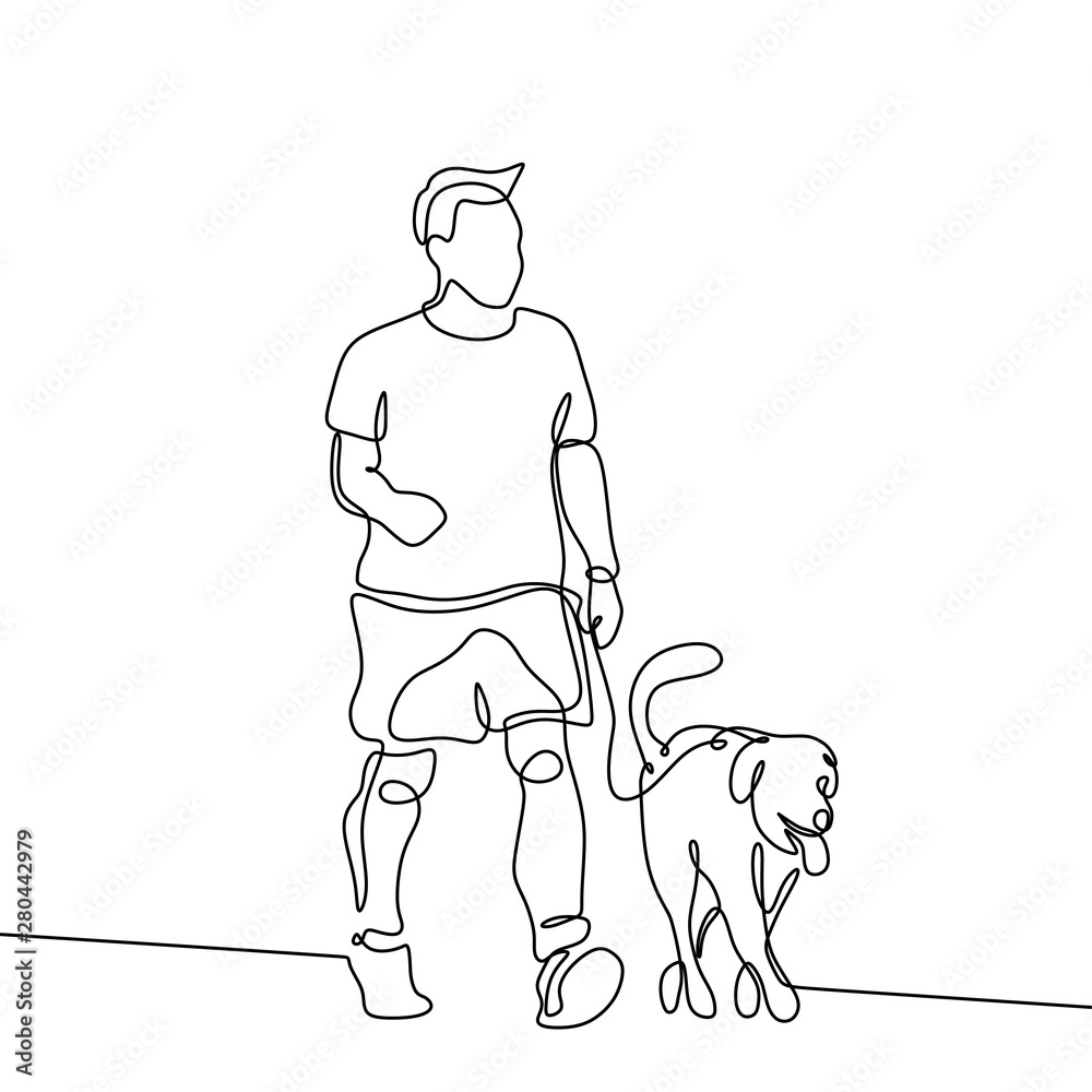 Walking with dog continuous line drawing minimalist design with simple ...
