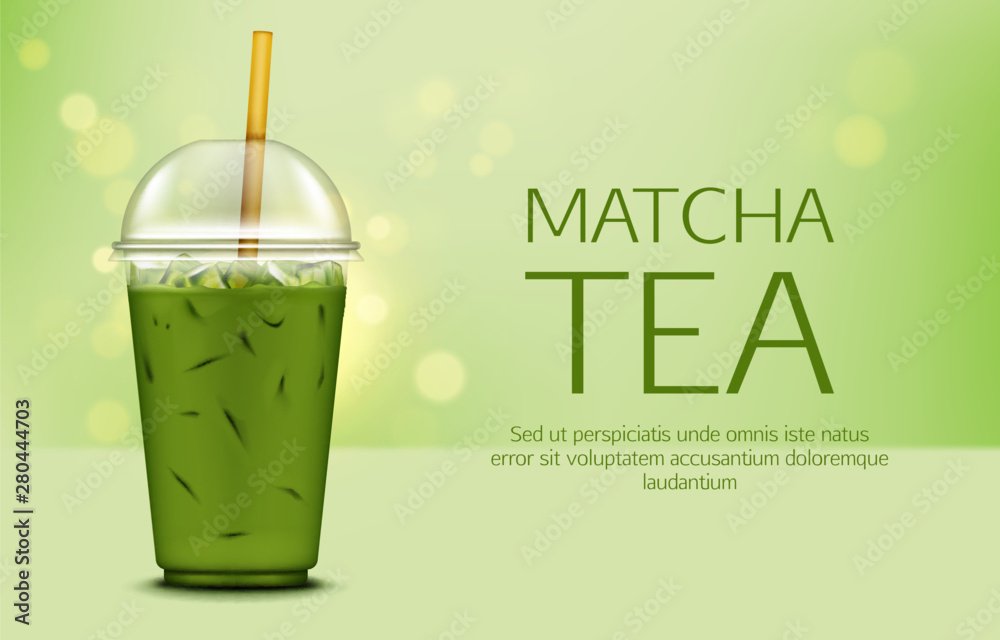 Matcha green tea with ice cubes in takeaway plastic cup with cap and ...