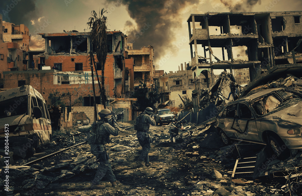 Military helicopter and forces in destroyed City and looking for the ...