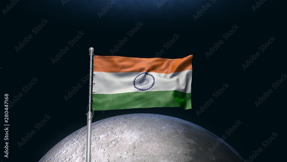Chandrayaan 2 mission symbol. Indian flag on the moon. 3d illustration ...