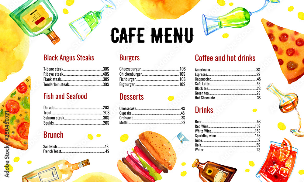 Cafe menu rectangular design template. Color glass alcohol bottles ...