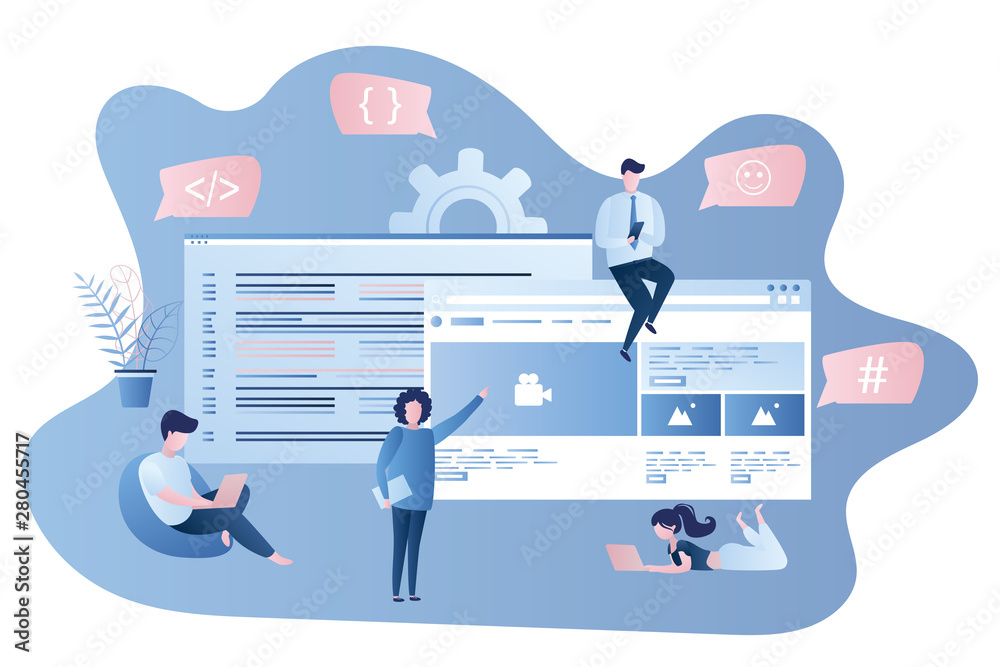 Front-end and back-end development,human characters with smart gadgets ...