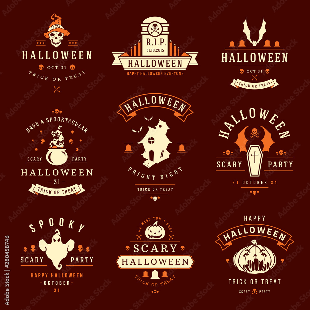 Halloween labels and logos with creepy and spooky symbols design ...