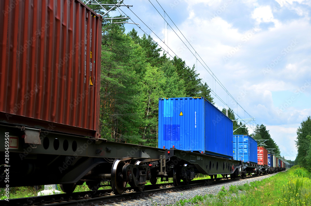 Freight train, transportation of railway cars by cargo containers ...