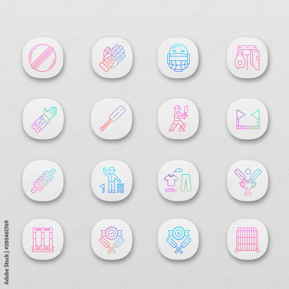 Cricket championship app icons set. Sport uniform, protective gear ...