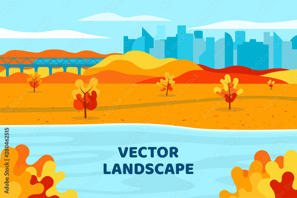 Vector autumn landscape. Falling leaves on the ground. Yellow and red ...