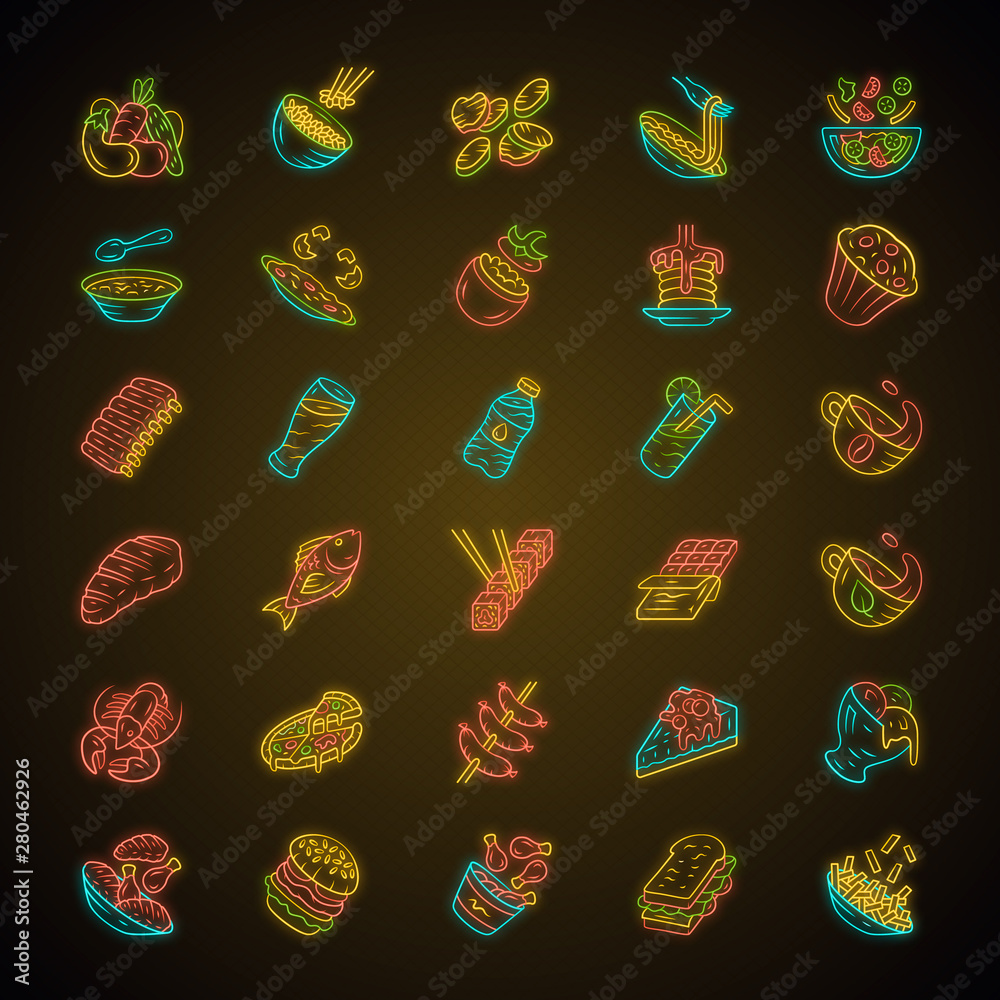 Menu dishes neon light icons set. Salads, first meal, main dishes ...