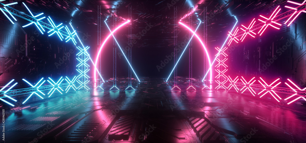 Neon Glowing Futuristic Purple Blue Laser Beam Shapes Night Retro ...