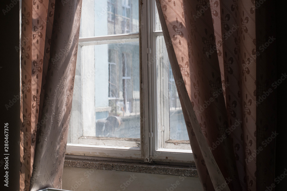 old big window with curtains Stock Photo | Adobe Stock