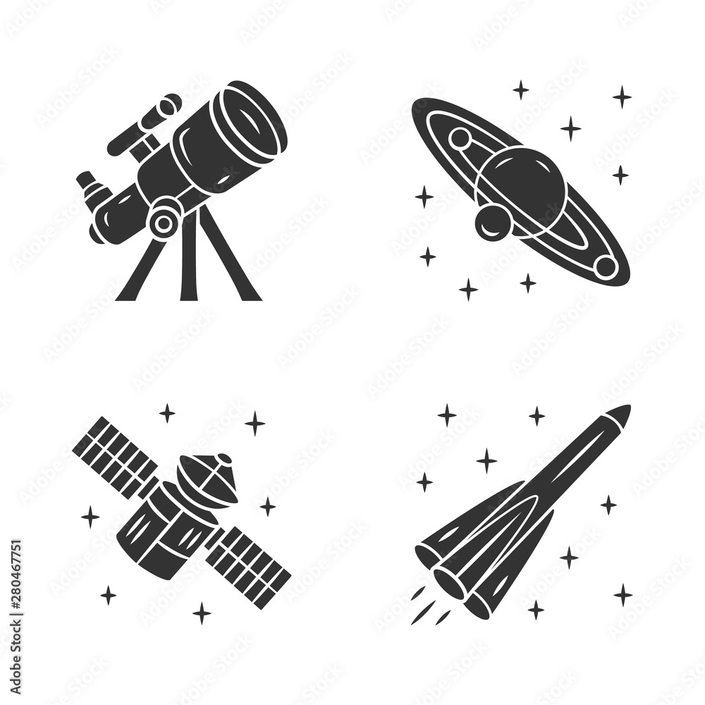 Astronomy glyph icons set. Space exploration. Telescope, Solar System ...