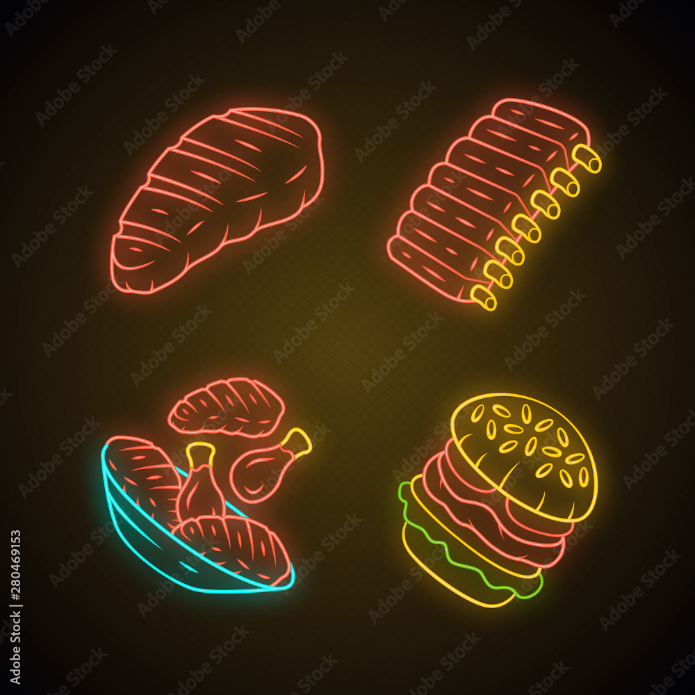 Meat dishes neon light icons set. Steak, beef ribs, chicken legs ...