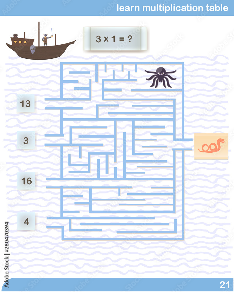 Maze. Learn multiplication table. Labyrinth. Viking Adventure. Vector ...