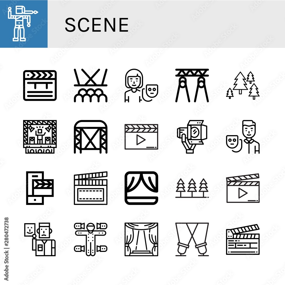 Set of scene icons such as Bollywood, Clapper, Stage, Actor, Spotlight ...