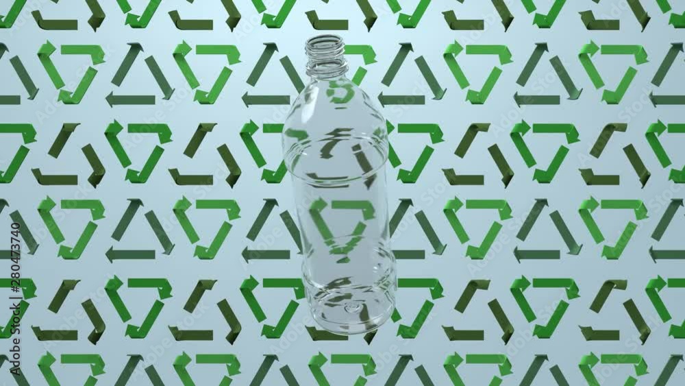 CG animation of a plastic bottle rotating on recycle signs background ...