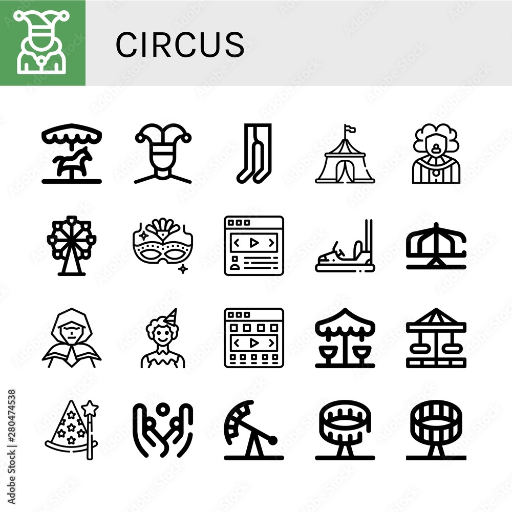 Set of circus icons such as Joker, Merry go round, Buffoon, Leotard ...