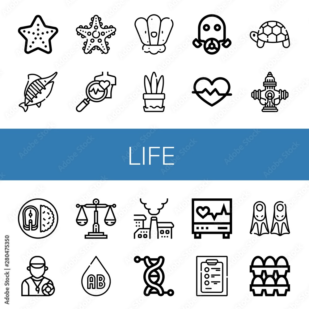 Set of life icons such as Starfish, Marlin, Health check, Shell, Plant ...