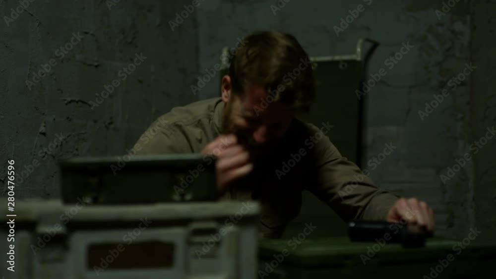 Soldier in bunker wartime cinematic visual Stock Video | Adobe Stock