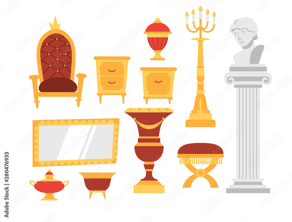 Palace furniture and decor objects in cartoon style set Stock Vector ...