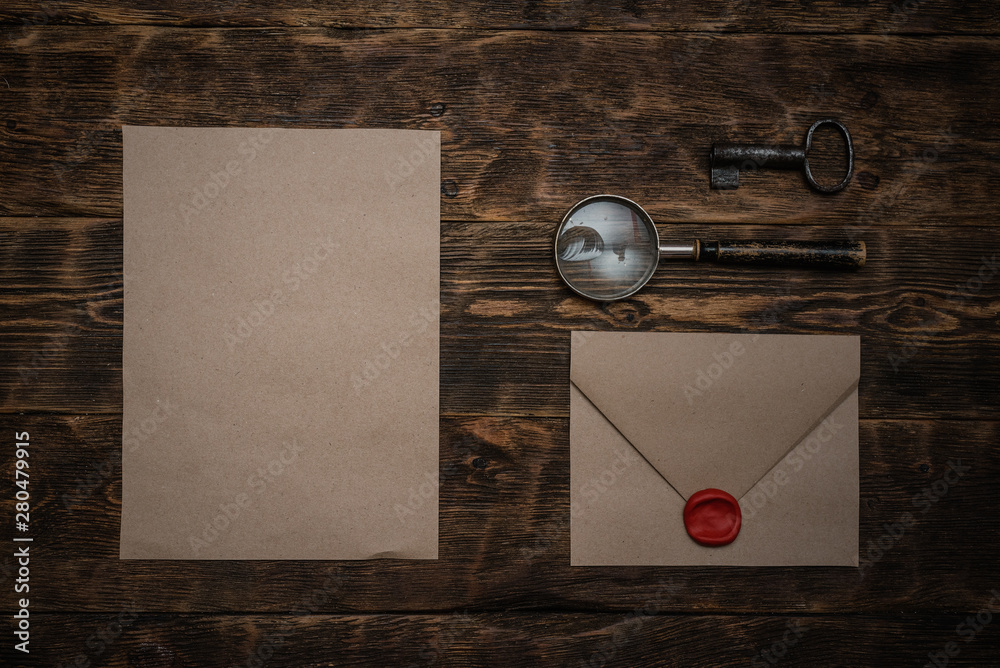 Old blank letter with copy space, envelope with a sealing wax stamp ...