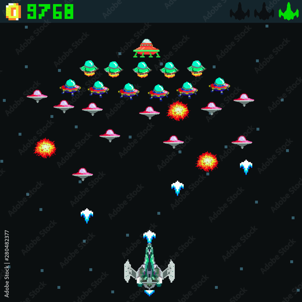 Retro video game, screen, arcade space warships, shooting, background ...
