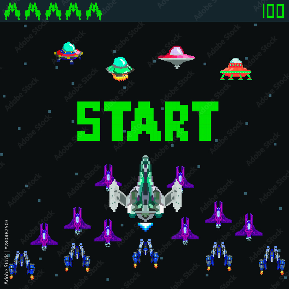 Retro video game, screen, arcade space warships, shooting, background ...