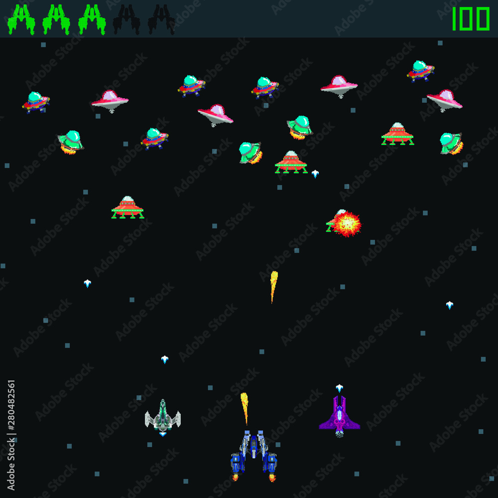 Retro video game, screen, arcade space warships, shooting, background ...