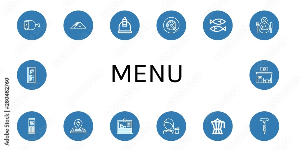 Set of menu icons such as Ham, Sandwich, Cupping, Coffee, Sardines ...