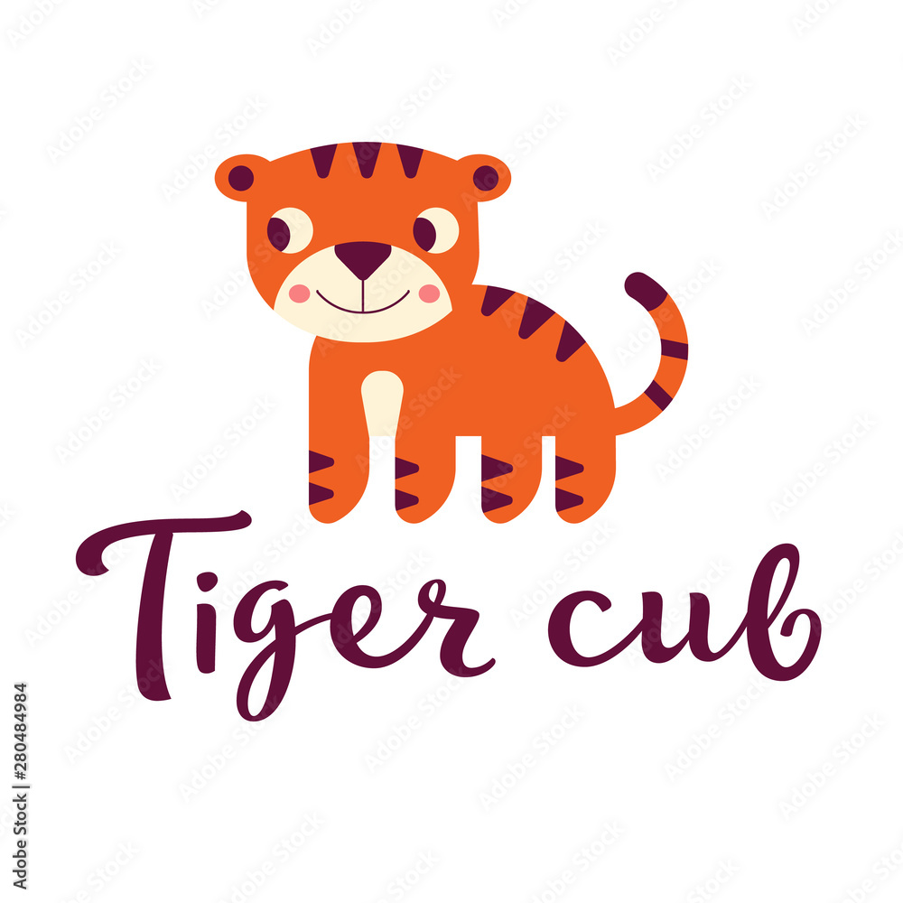 Illustration of tiger cub in simple style. Lettering name of the animal ...