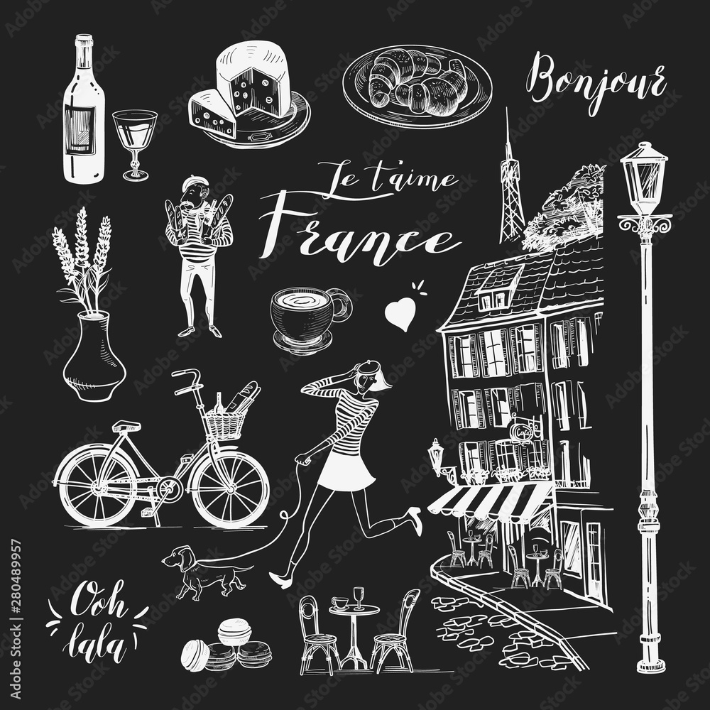 French vector set in sketch style. Illustration with symbol France ...