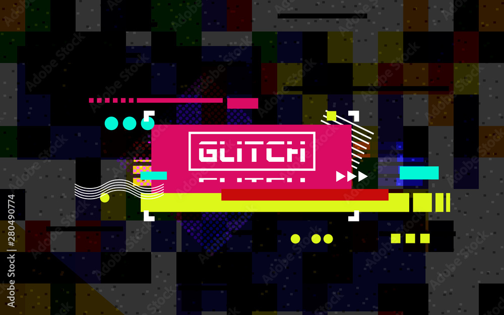 Glitch banner on dark backdrop. Color distortion with random tiles ...