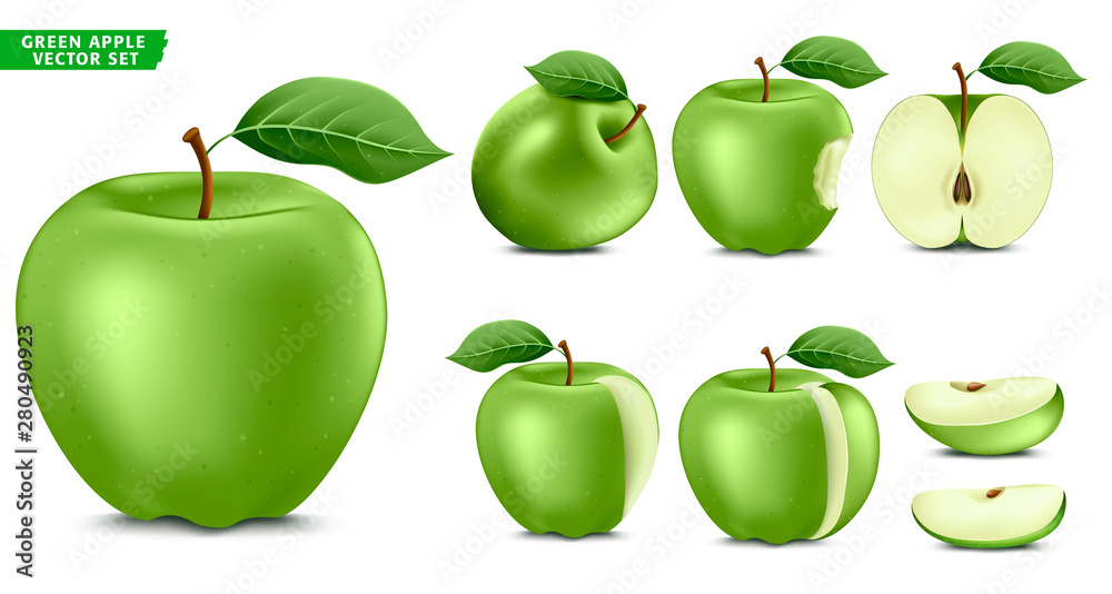 Green Apple Fruit Ripe Realistic 3D Food Vector Set. Whole Half and ...