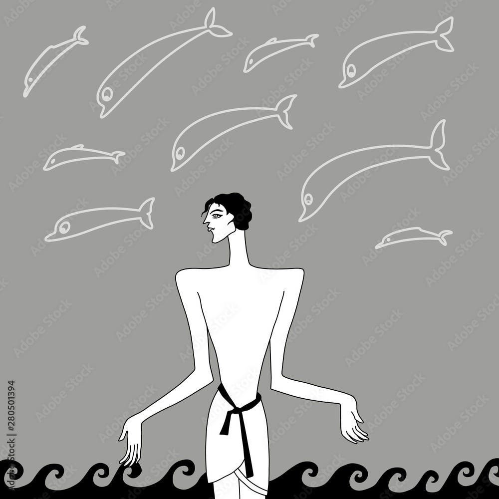 Silhouette of fantastic young man, sea waves and swimming dolphins ...